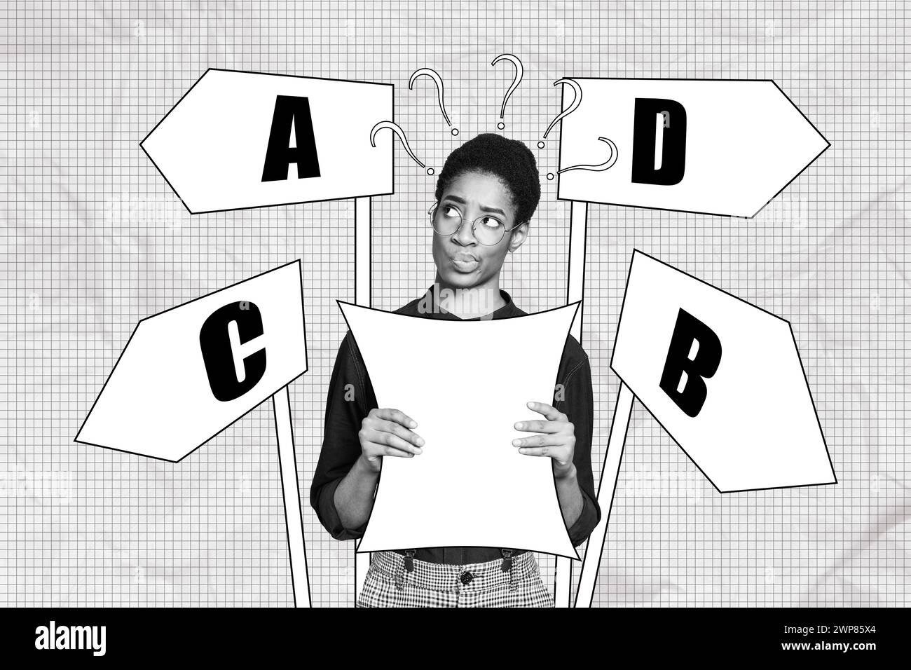 Creative collage photo young questioned woman lost way direction ...