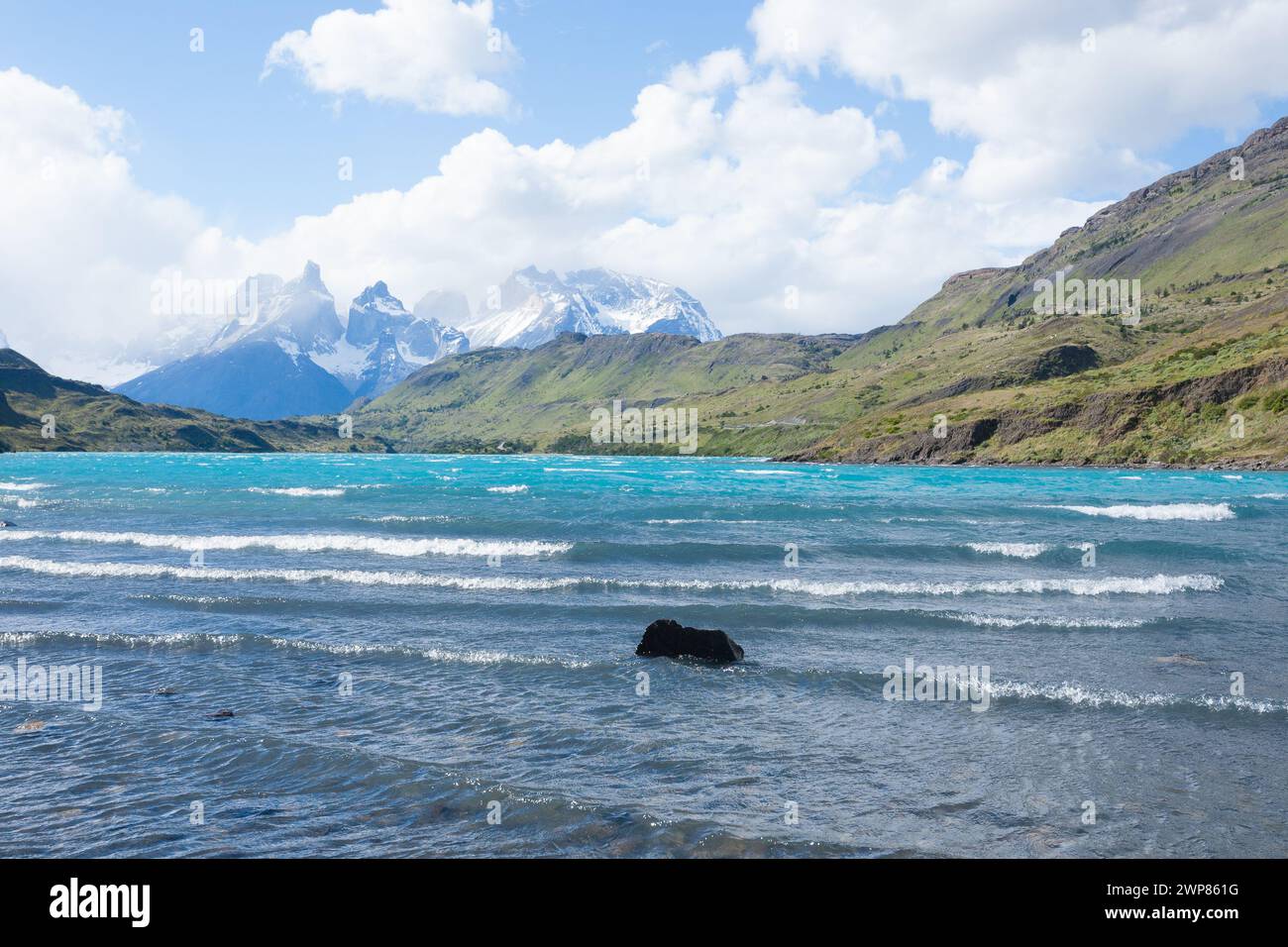 A scenic view of Torres del Paine National Park landscape in Chile ...