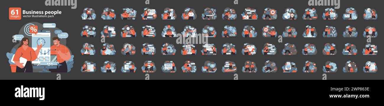 Business dynamics set. Diverse team engaging in various corporate ...