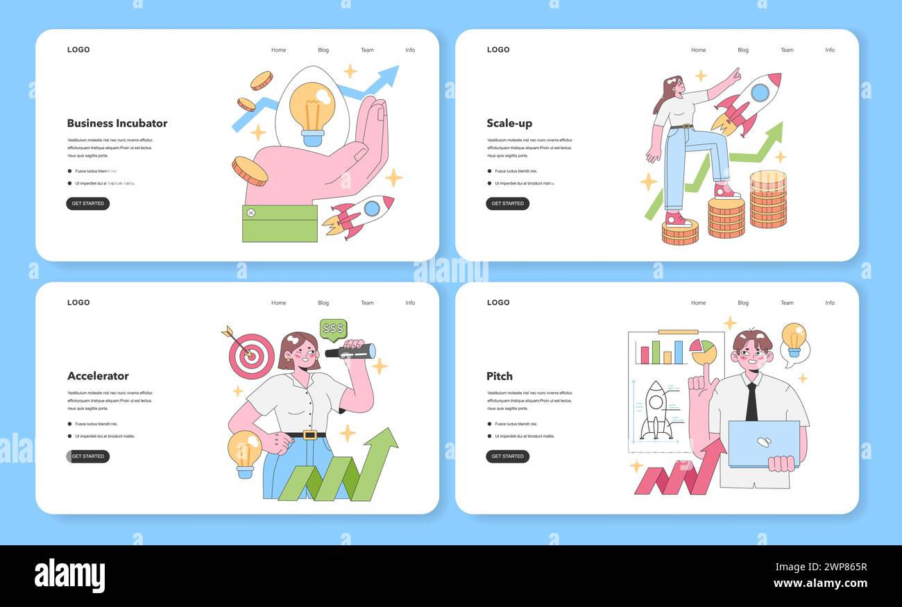 Startup growth journey set. Business incubator nurturing idea, scaling ...
