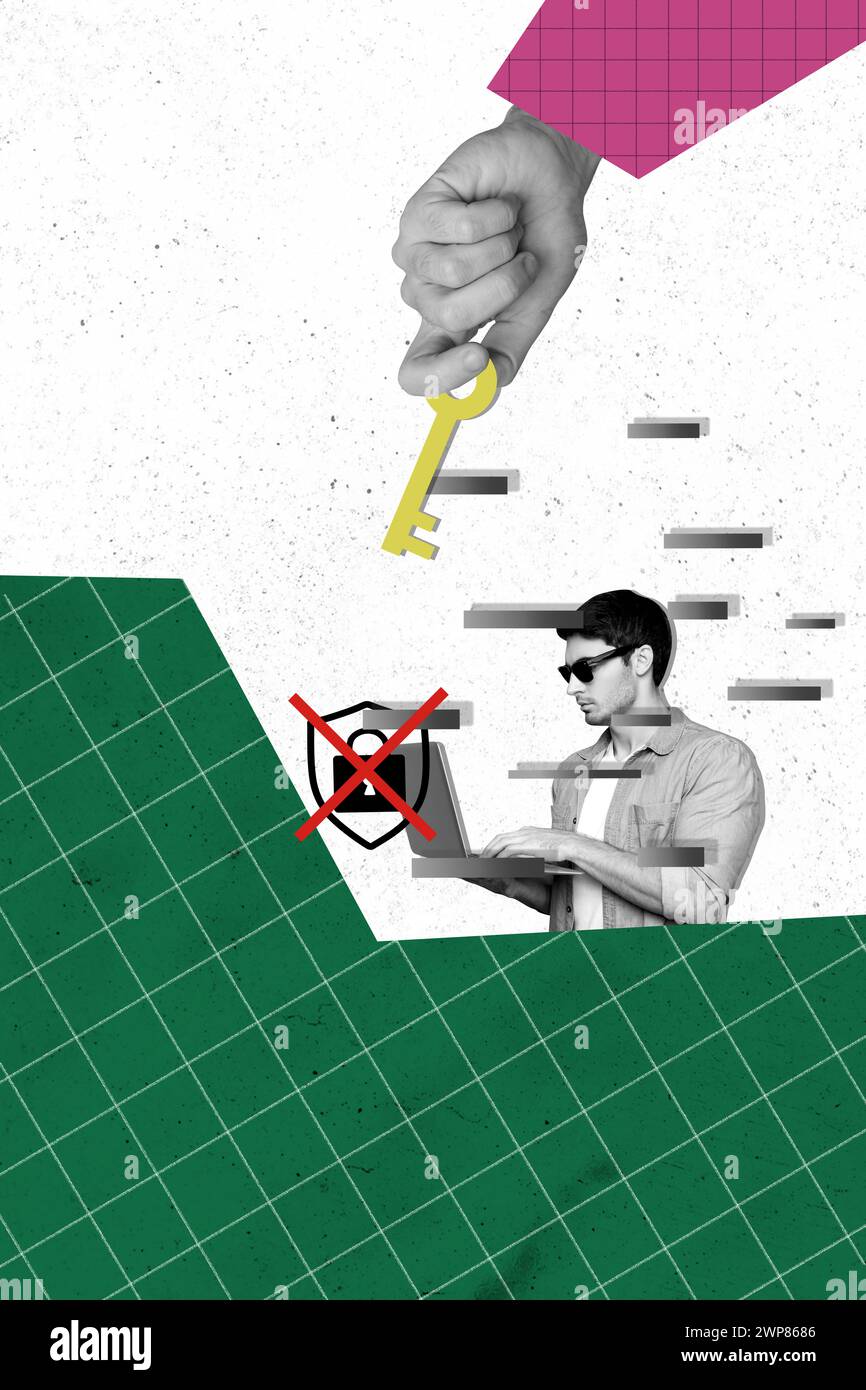 Composite collage picture image of hand hold key laptop secure password ...