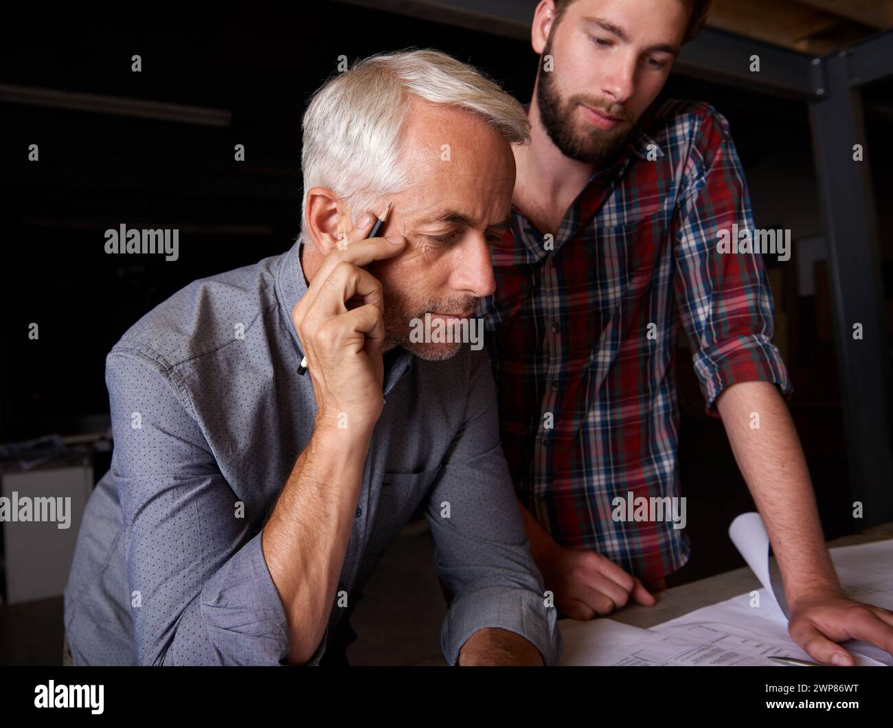 Architect, team and men with blueprint, thinking or plan for ...