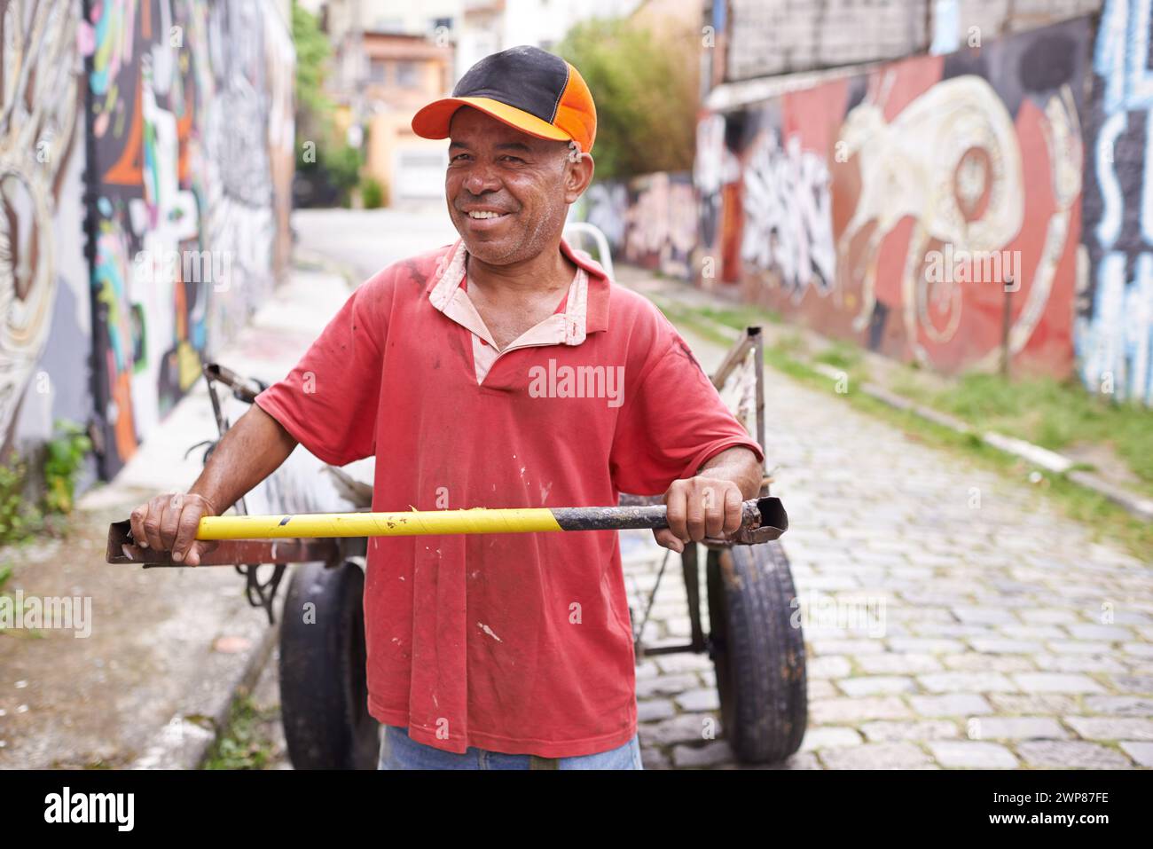 Garbage, cart or man in city walking for waste management, recycling or ...