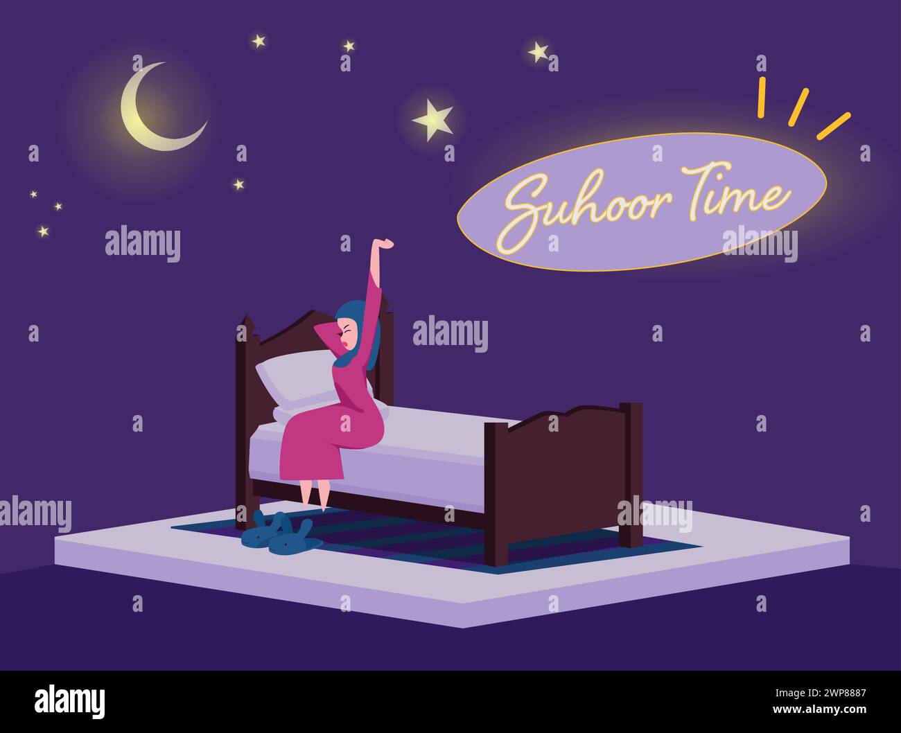 Suhoor Time in ramadhan vector illustration, eating at early morning ...