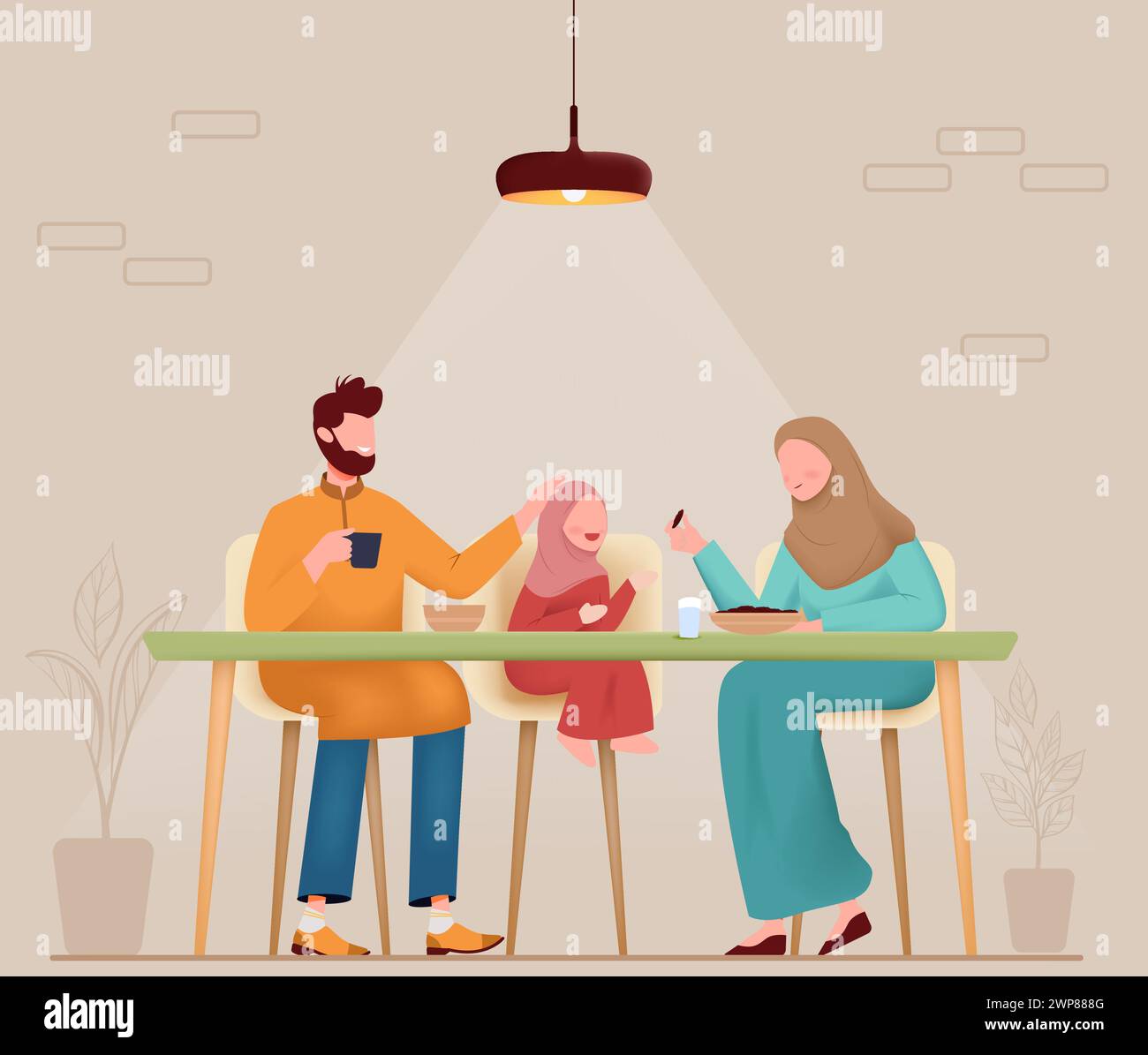 Happy Iftar Moslem Family Vector Illustration, Muslim Family having ...