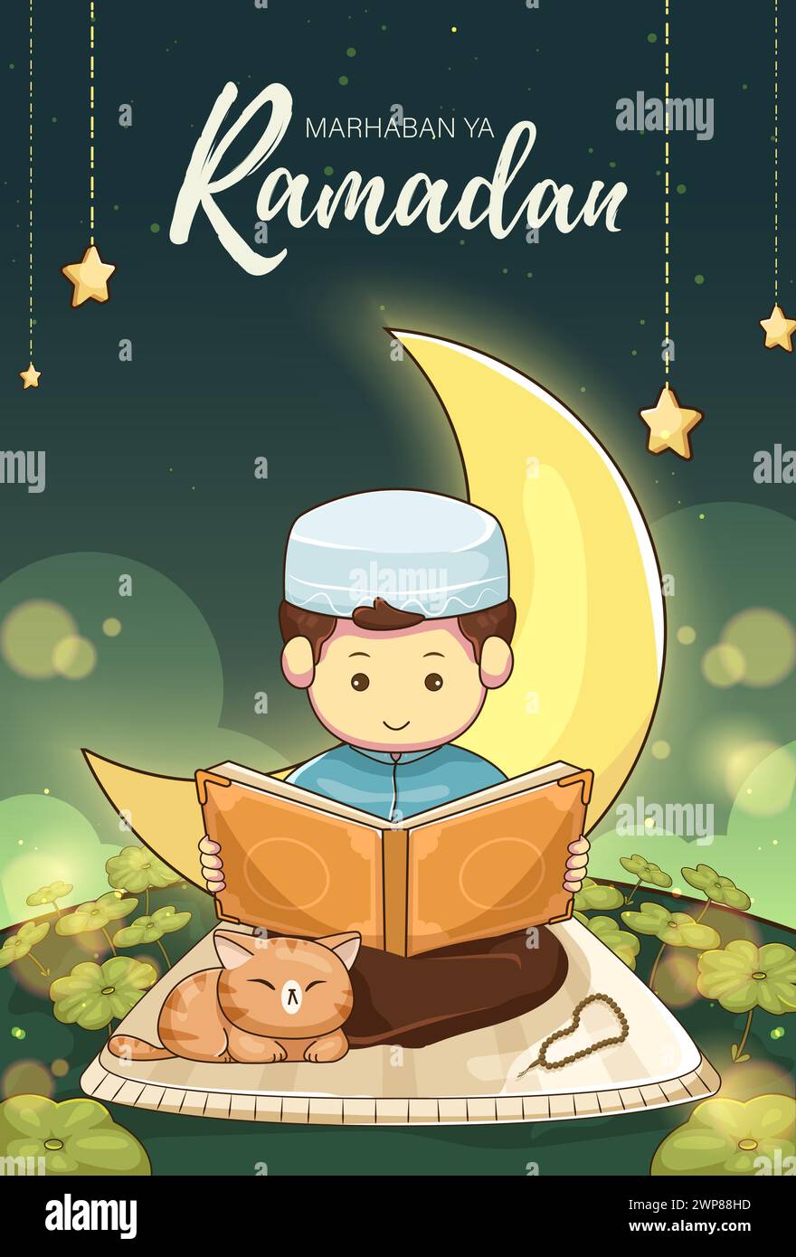 Cute Boy Sitting On The Moon and Reading Koran Vector Illustration ...