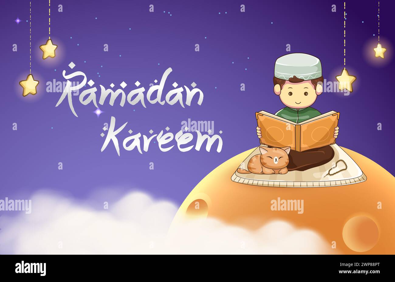 Cute Boy Sitting On The Moon and Reading Koran Vector Illustration ...