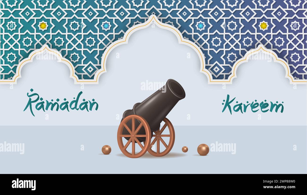 Ramadan Kareem Design Poster with 3D Realistic Cannon Vector ...