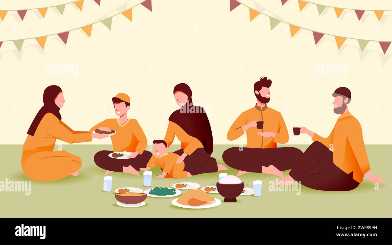 Happy Iftar Moslem Family Vector Illustration, Muslim Family having ...