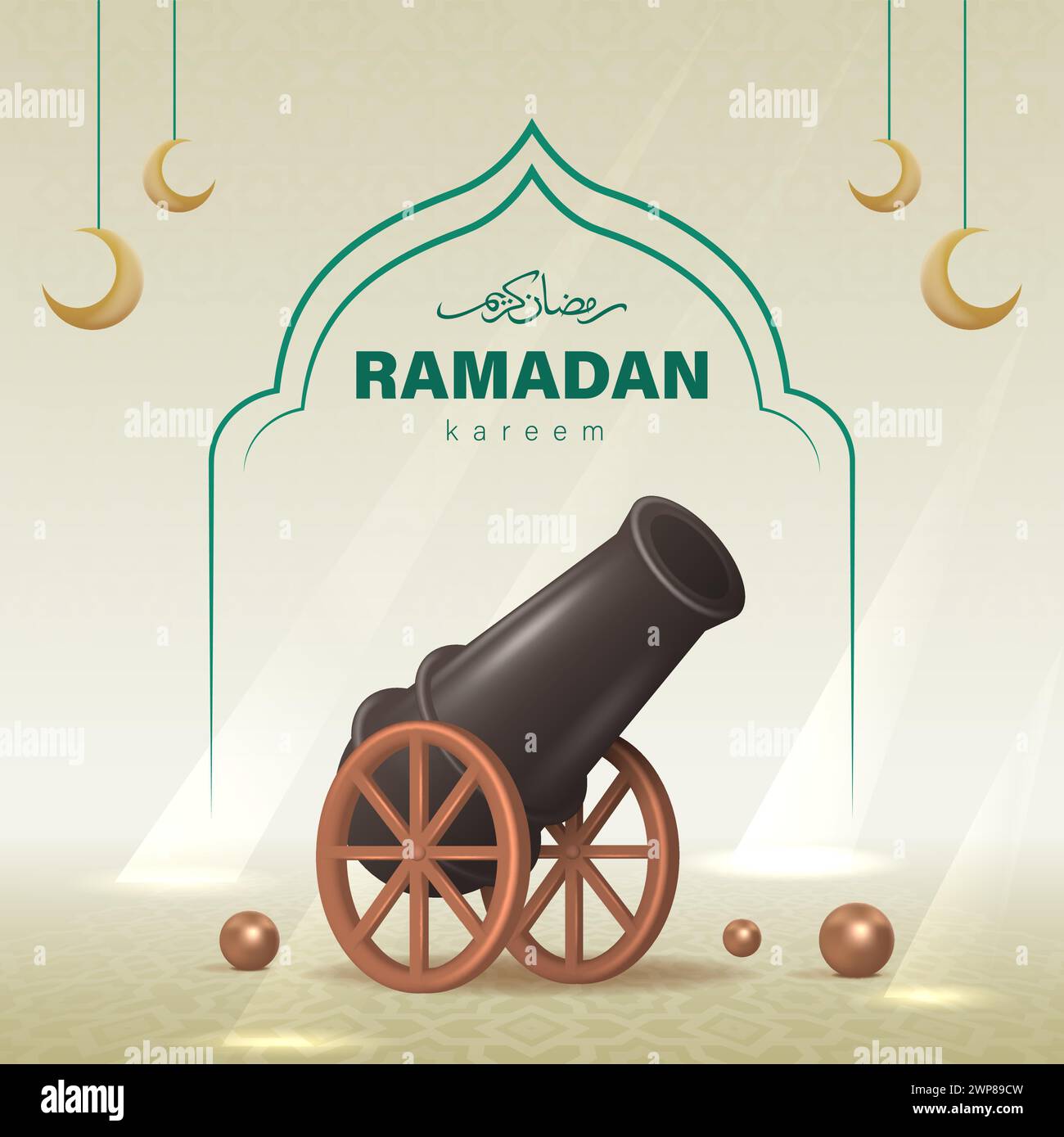 Ramadan Kareem Design Poster with 3D Realistic Cannon Vector ...