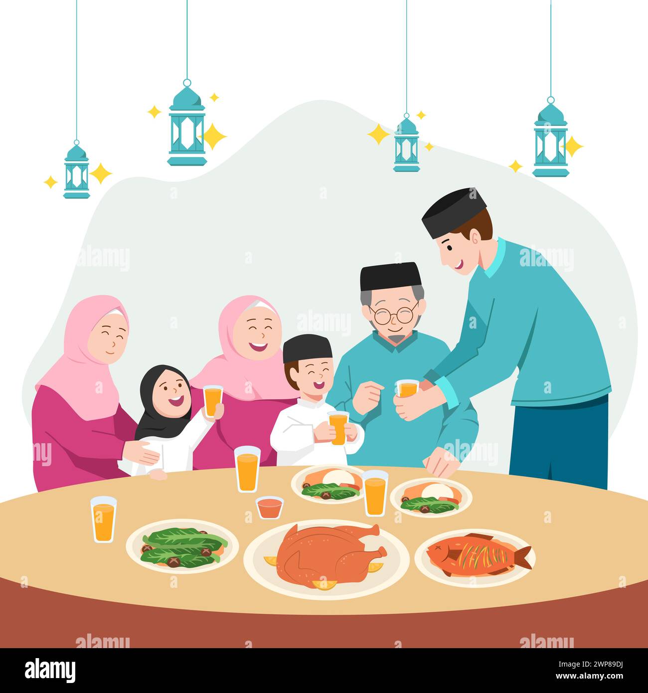 Happy Iftar Moslem Family Vector Illustration, Muslim Family having ...
