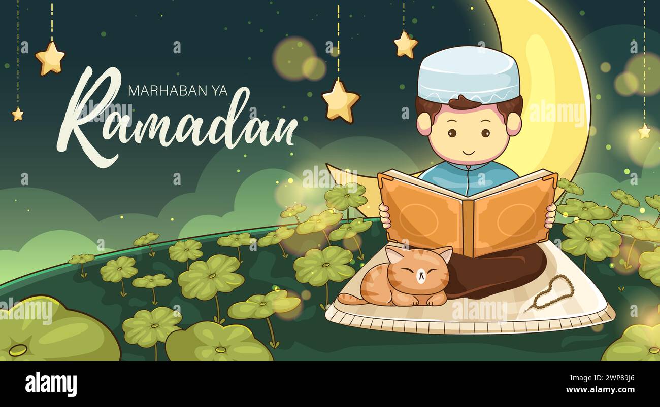 Ramadan Kareem Design with Cute Boy Reading Holy Koran with Cute Cat ...