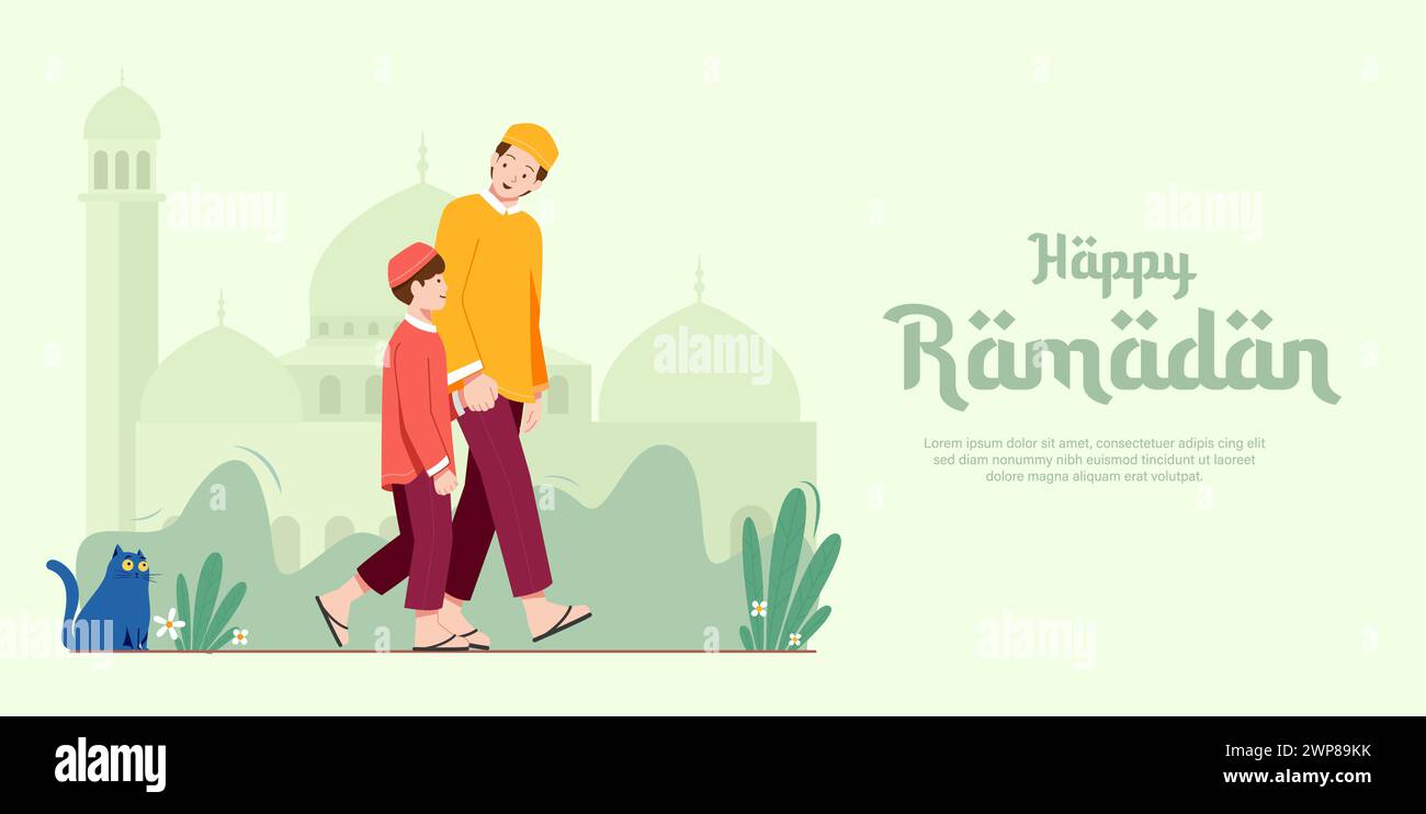 Happy ramadan, family go to mosque for praying illustration Stock ...