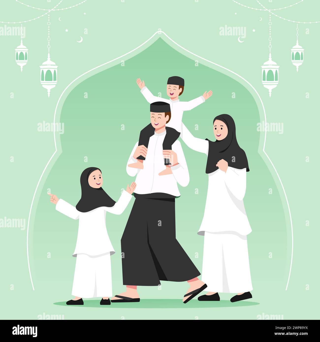 Happy ramadan, family go to mosque for praying illustration Stock ...