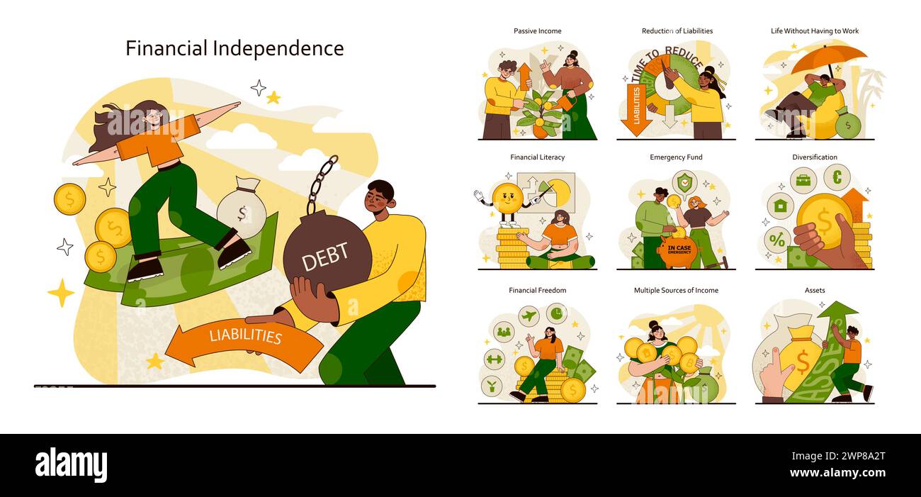 Financial independence set. Steps to wealth, managing debt, and smart ...