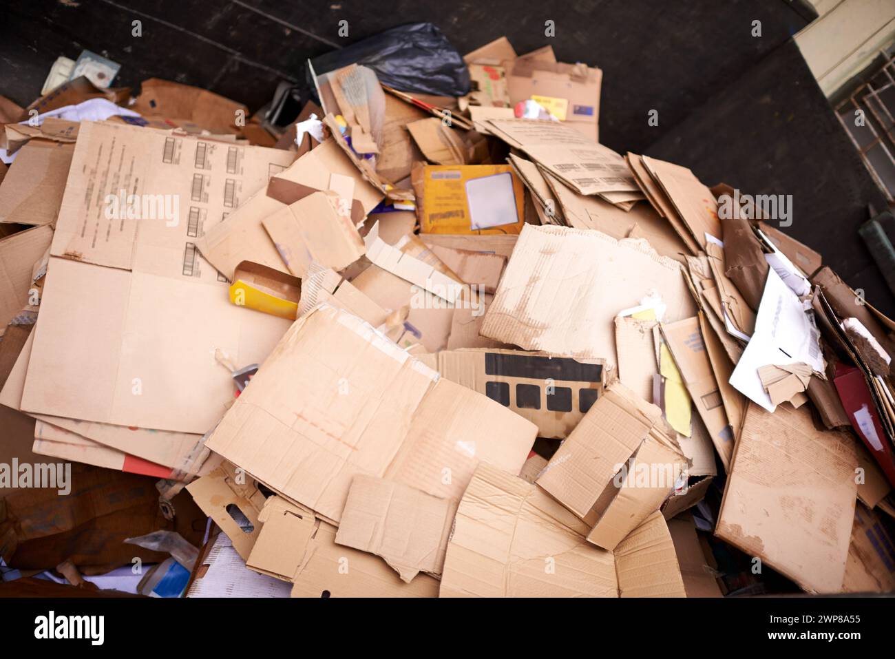 Recycle, cardboard or box of garbage for waste management, junk yard ...