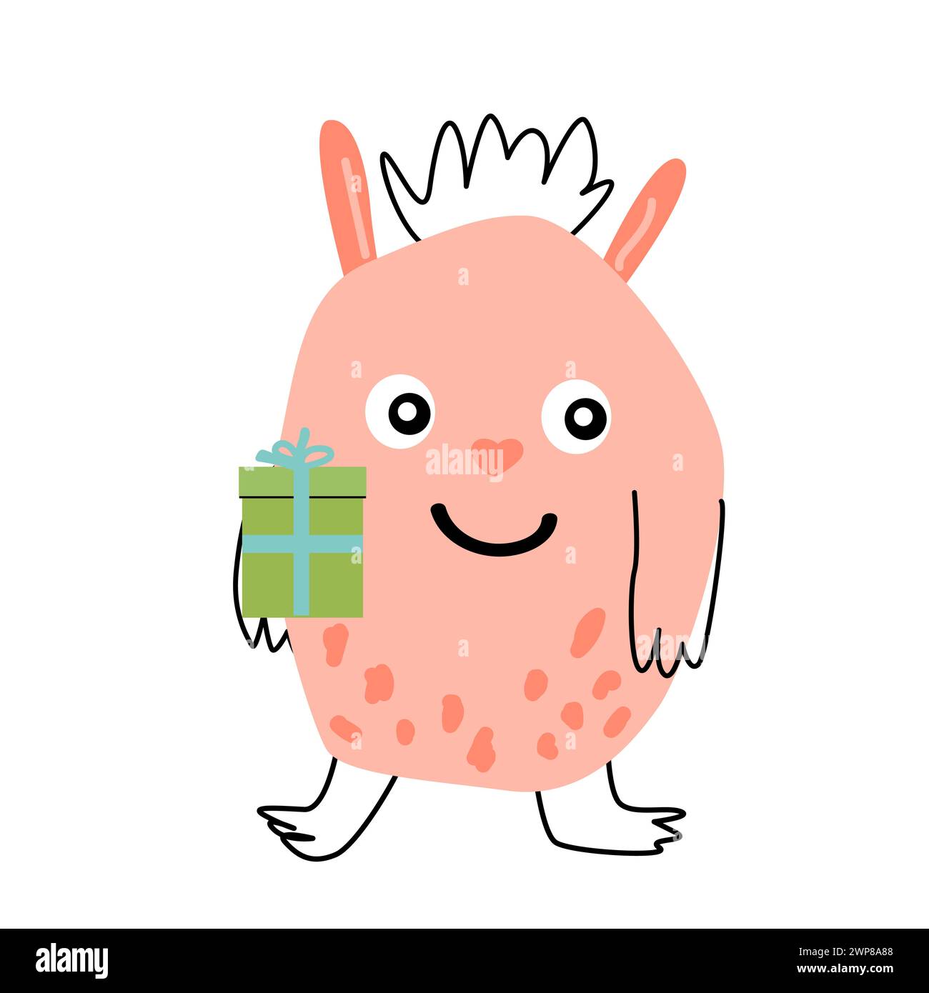 Pink baby monster with gift box for birthday banner. Vector ...