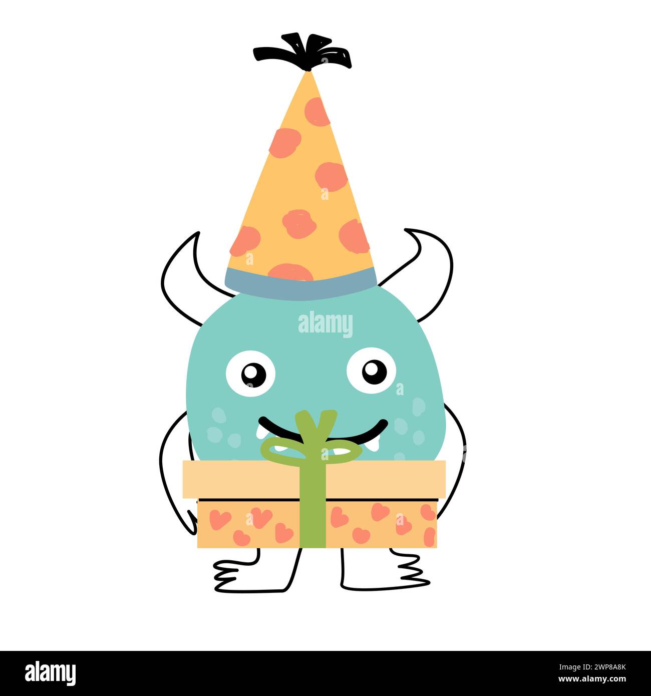 birthday card of monster with gift box and cap. Vector illustration can ...