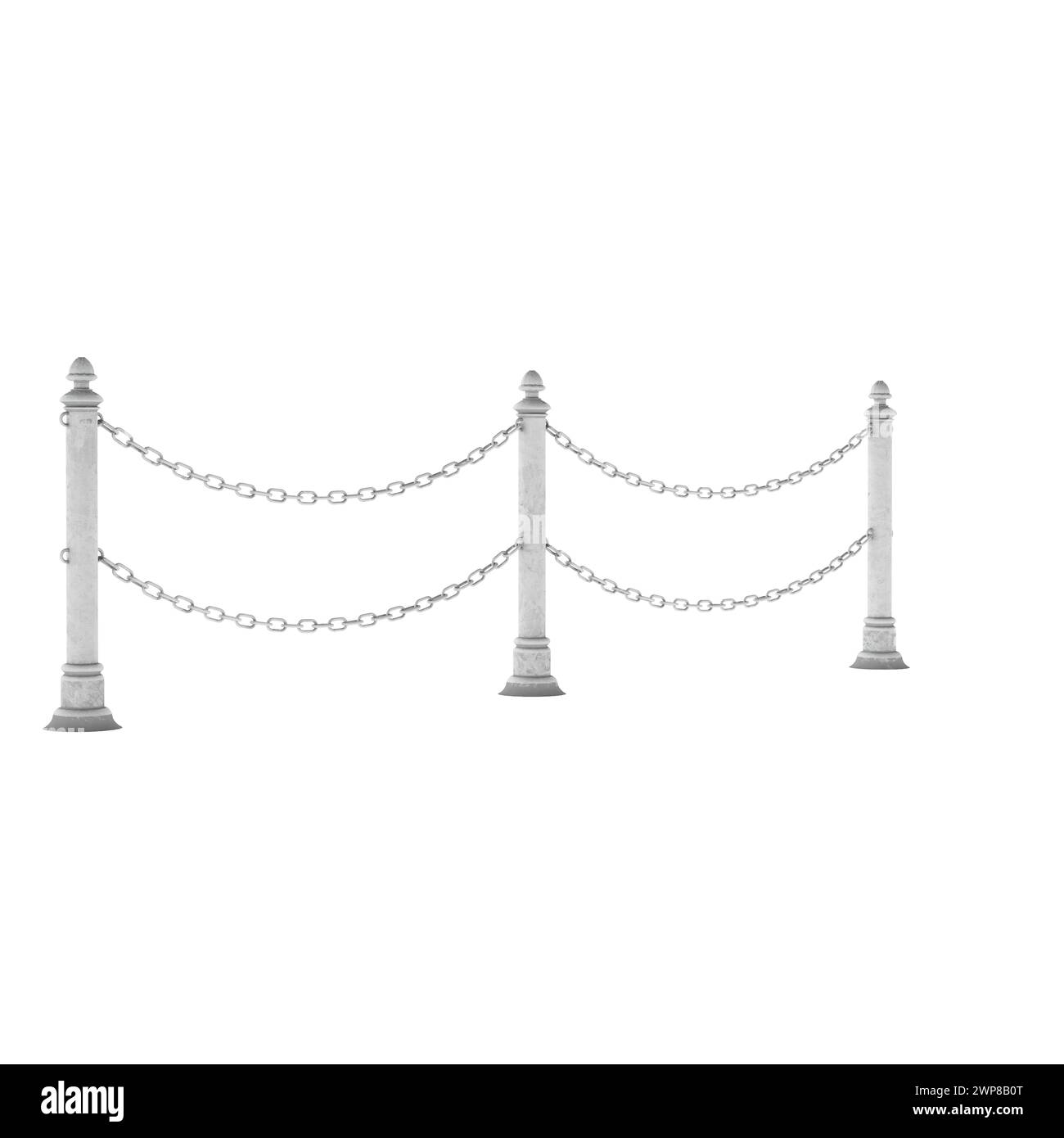 A 3D render of silver columns encircled by chains on a white background ...