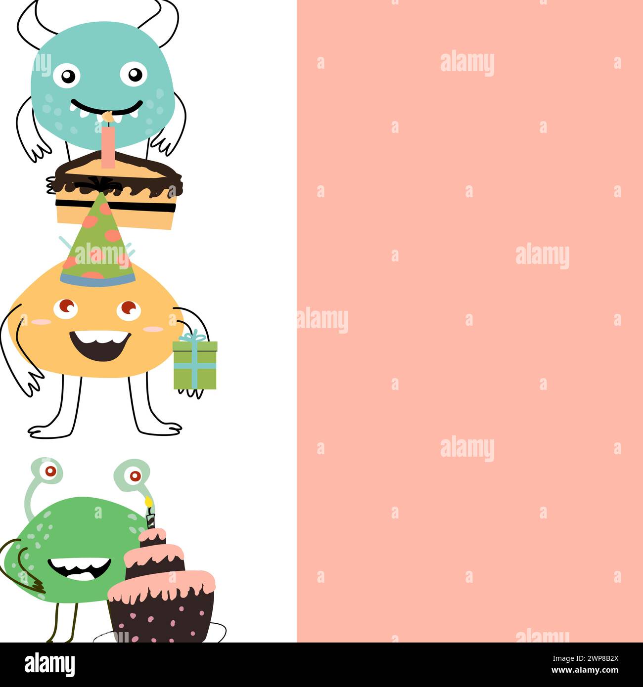 Celebration card template with monsters. Vector illustration of cute ...