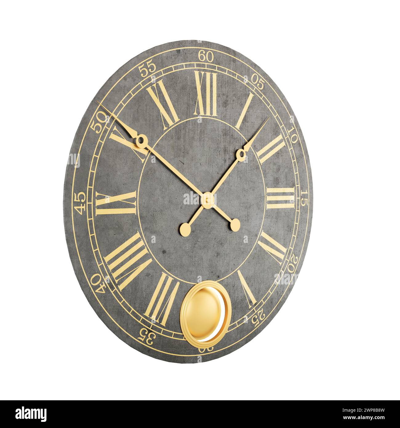 A 3D render of a vintage clock with Roman numerals on a white ...