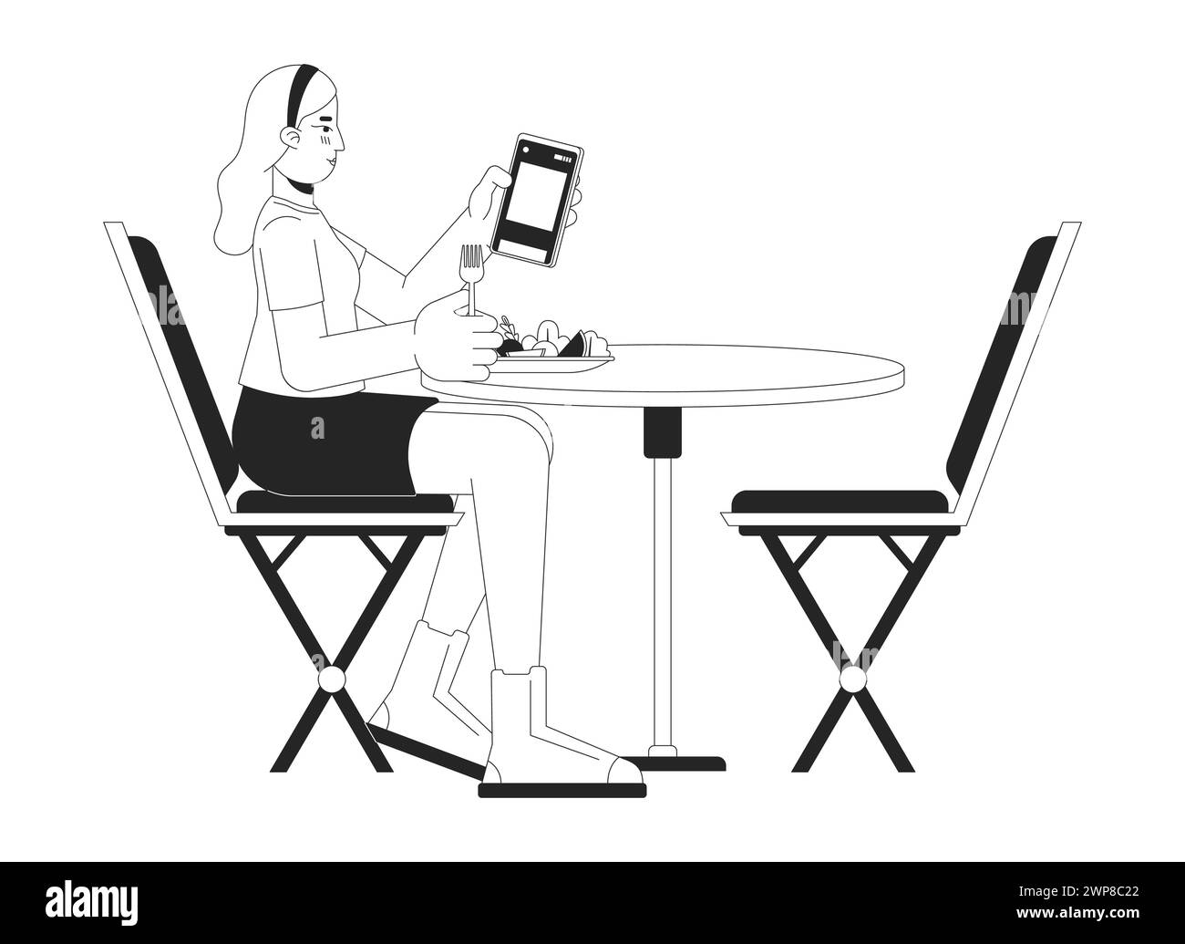 Blonde woman on phone while eating black and white 2D line cartoon character Stock Vector Image ...