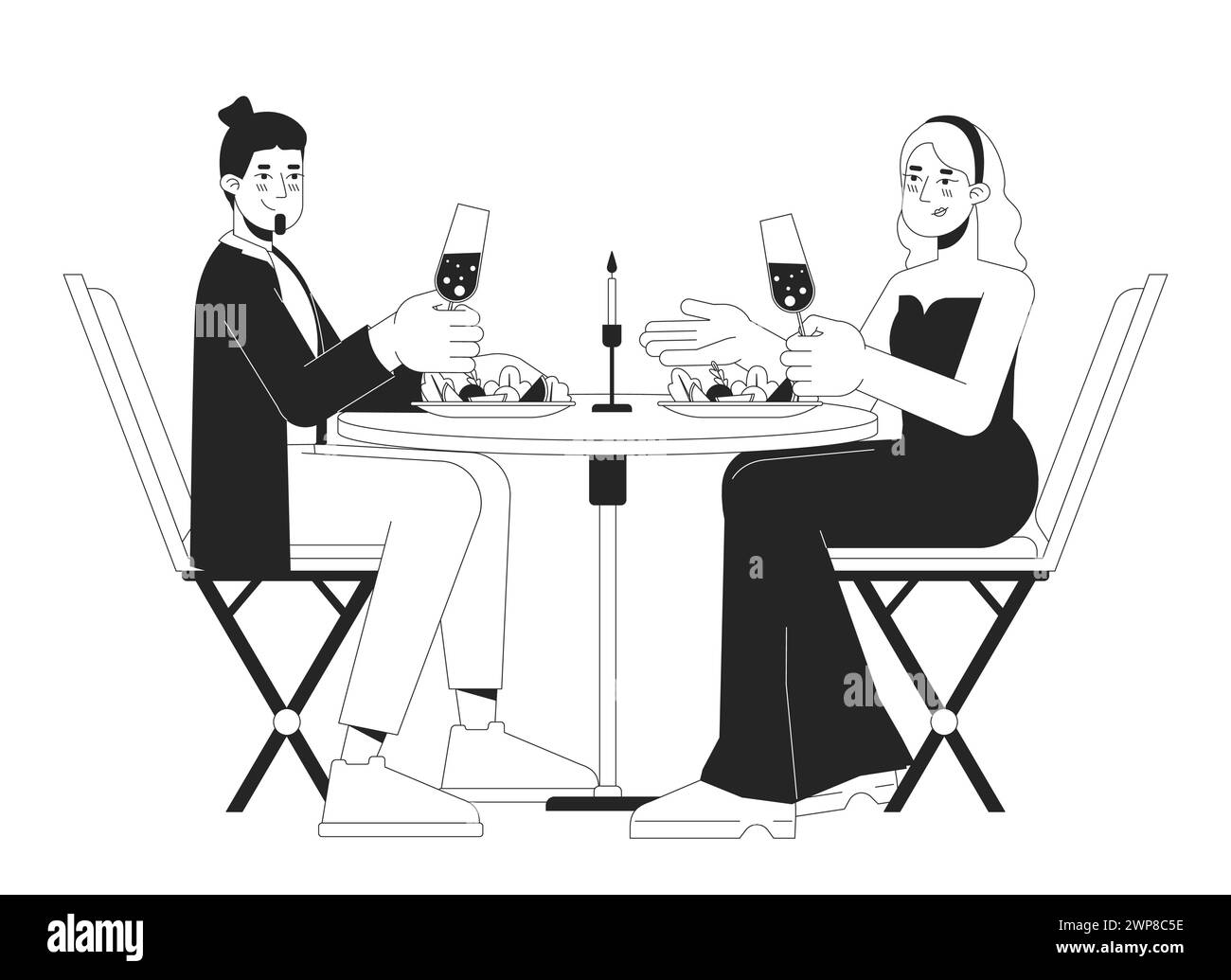 Heterosexual couple on romantic date black and white 2D line cartoon ...