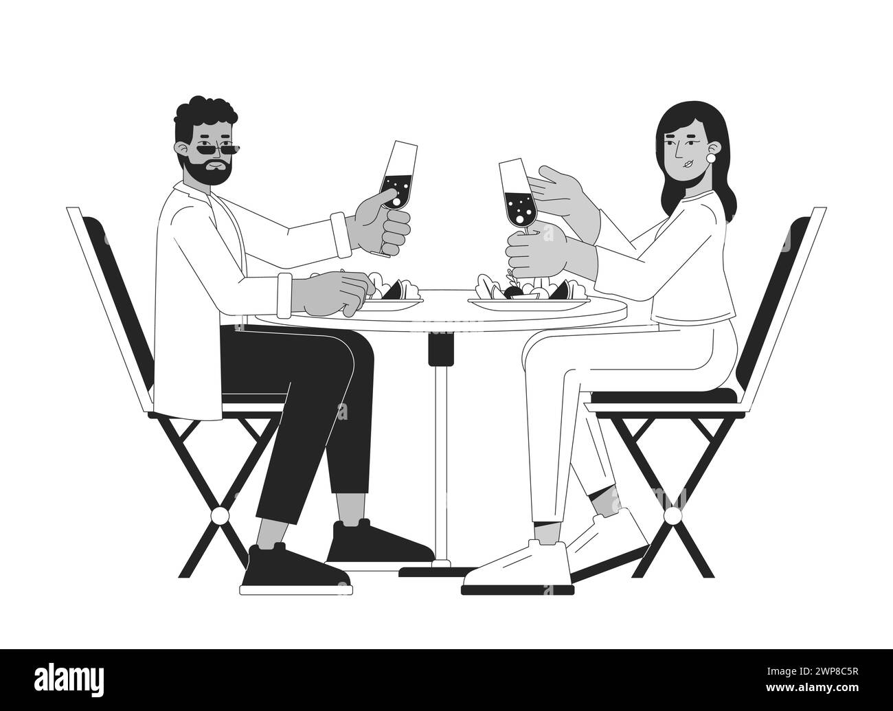 Married couple eating dinner black and white 2D line cartoon characters ...