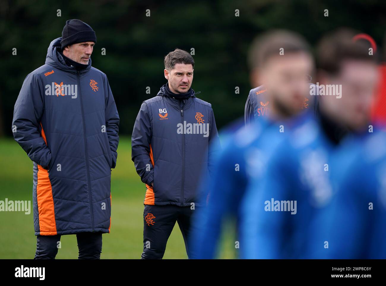 Rangers manager Philippe Clement (left) during a training session at ...