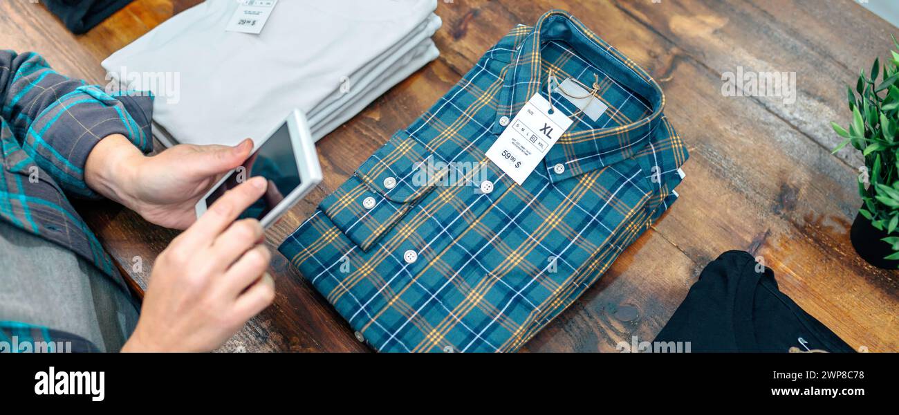 Banner of unrecognizable female entrepreneur checking stock on phone ...