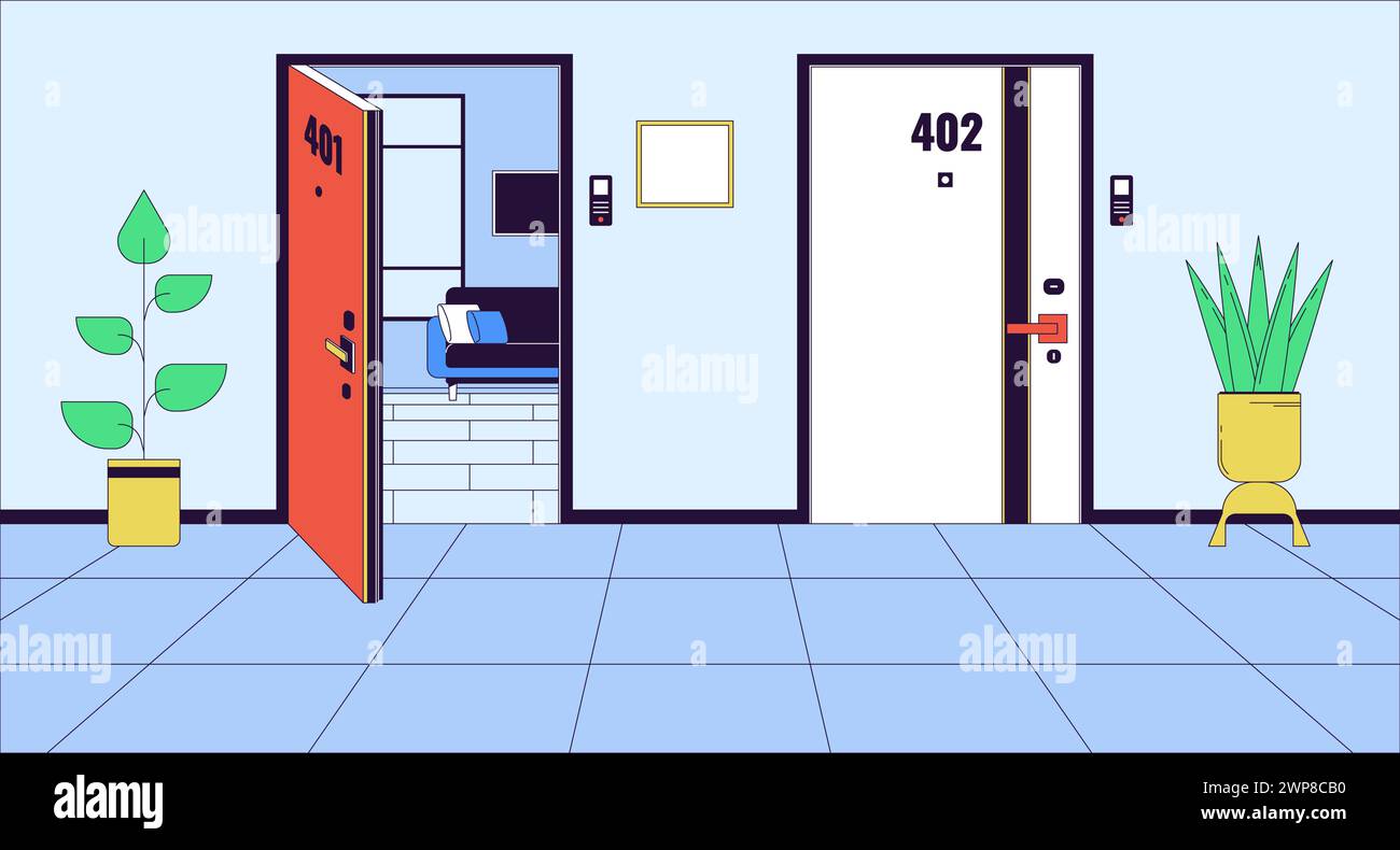 Complex apartment doors inside cartoon flat illustration Stock Vector ...