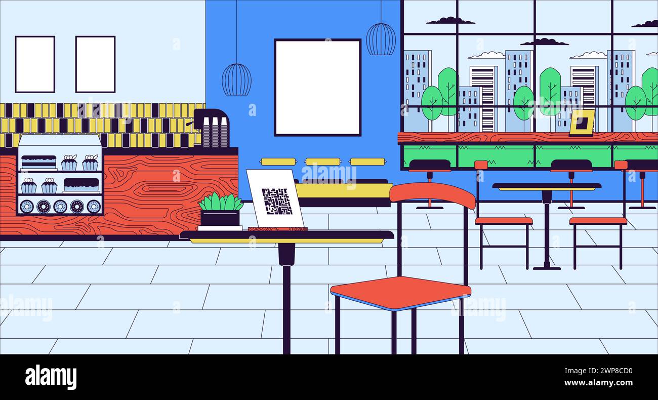 Coffee shop interior with qr code stand cartoon flat illustration Stock ...