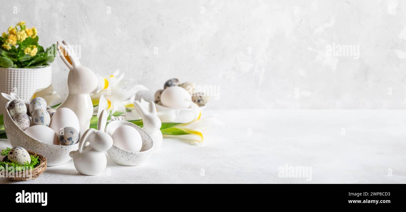 Holiday banner with traditional Easter decorations. Eggs in figured ...