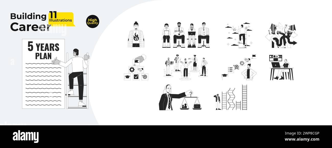 Career building black and white 2D illustrations concepts bundle Stock ...
