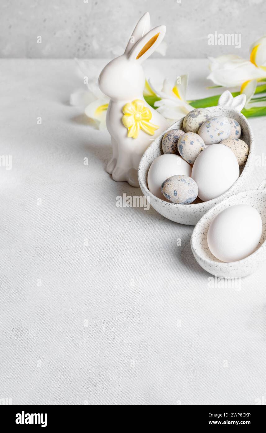 Vertical Easter card. Holiday template. Natural colors eggs in figured ...