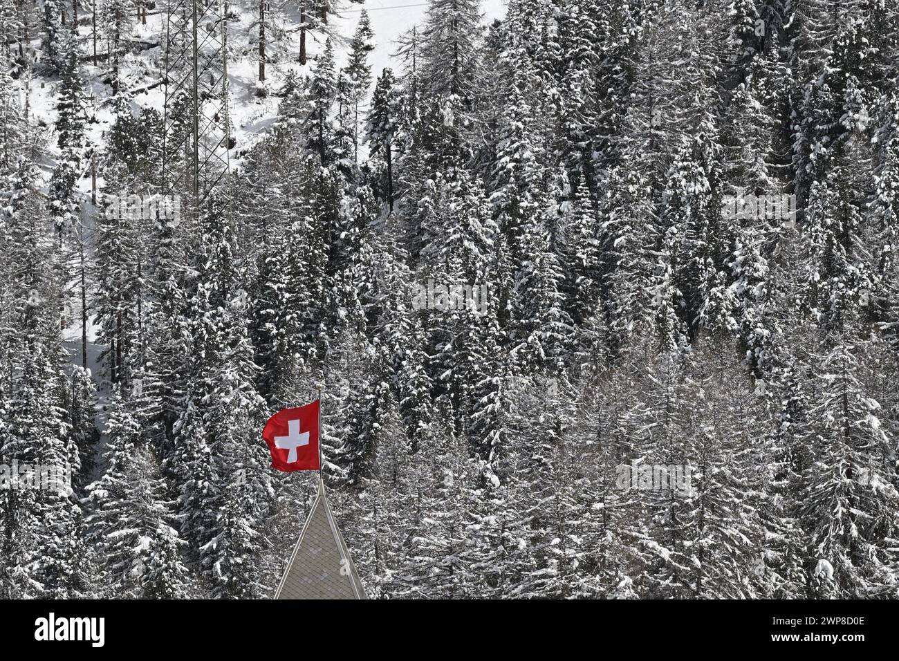 a swiss flag on top of a roof in the forest of Switzerland Stock Photo ...