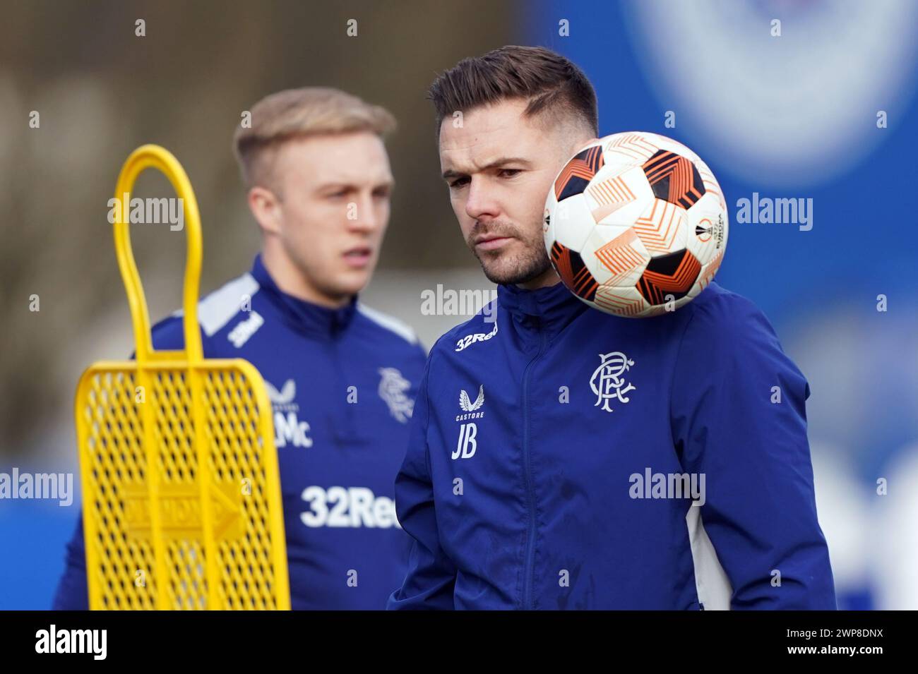 Rangers goalkeeper Jack Butland (right) during a training session at ...