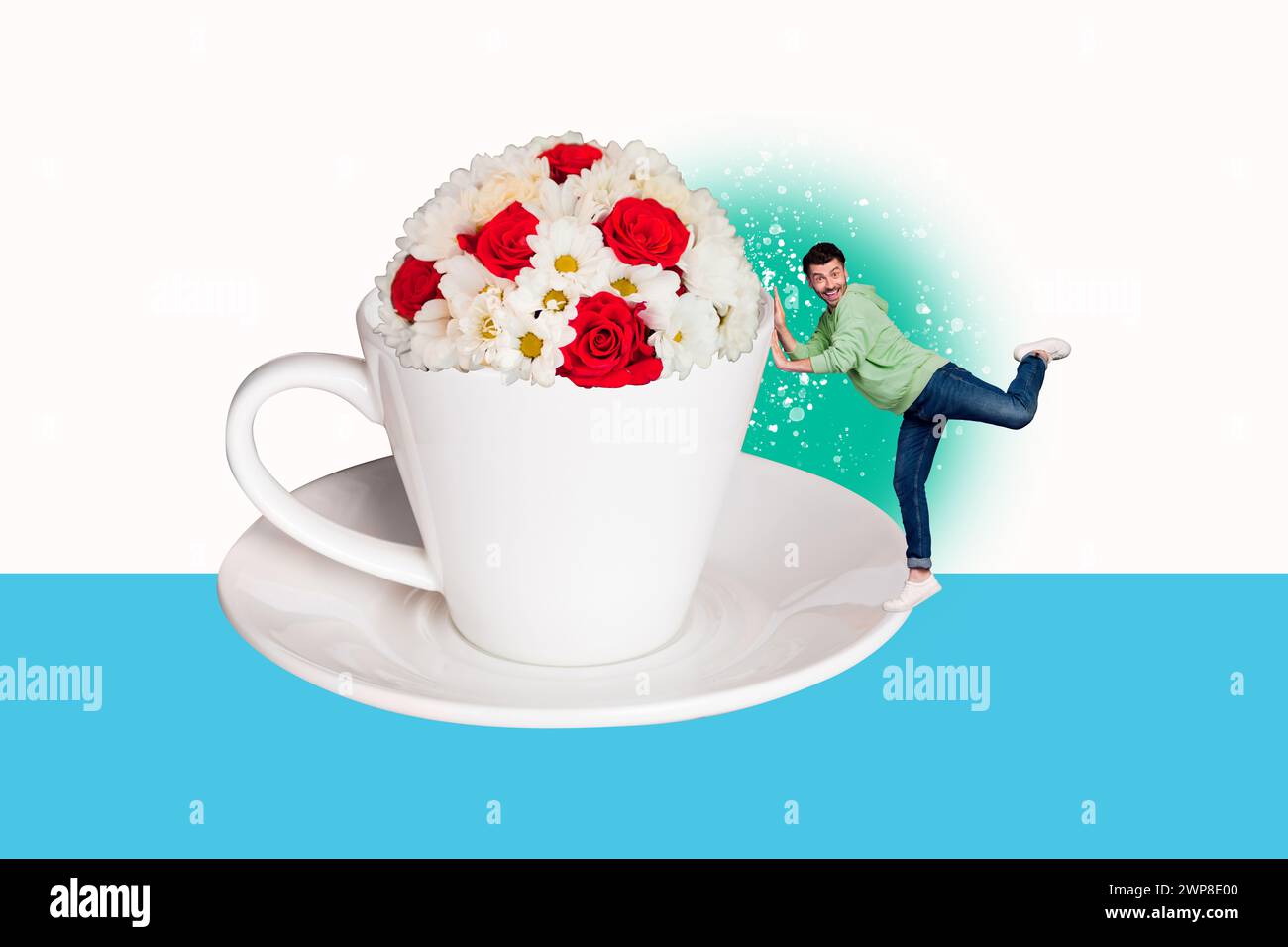 Magazine collage picture of funky excited guy enjoying herbal tea huge ...