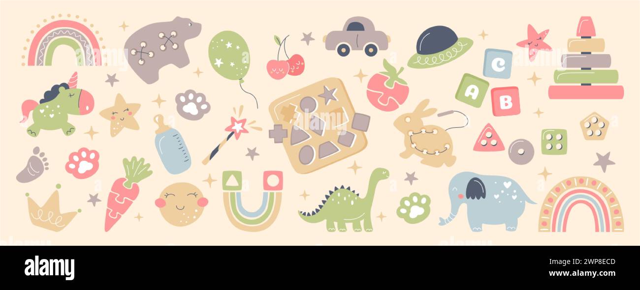 Boho baby nursery with wooden montessori toys, cute sun, rainbow ...