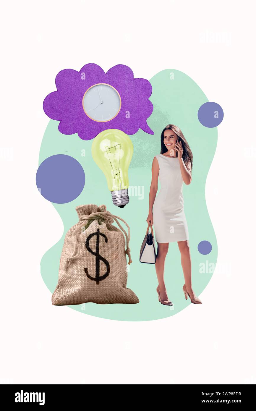 Vertical photo collage standing young woman speaking phone call ...