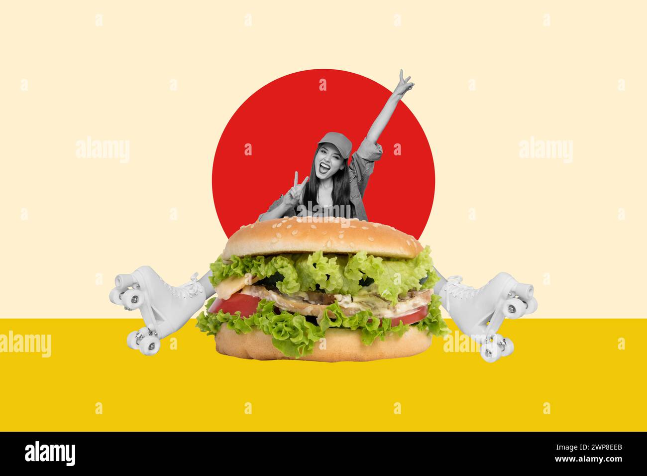 Photo collage picture young girl roller skater huge hamburger sandwich ...