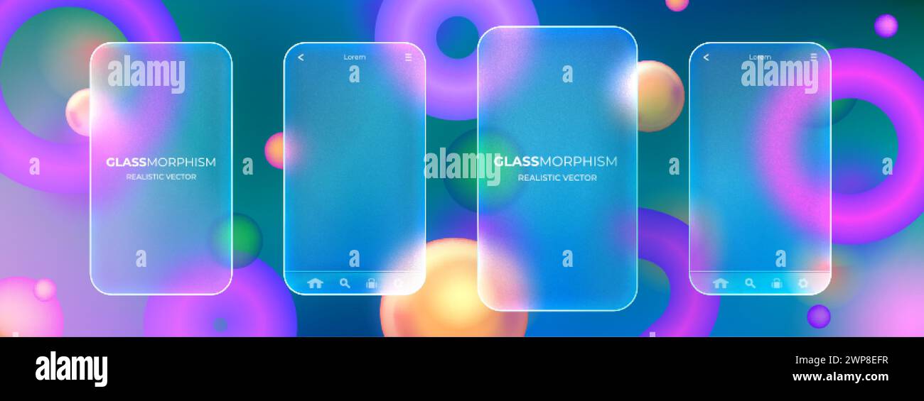 Glassmorphism phone screens mockup. Set of transparent glass plates ...