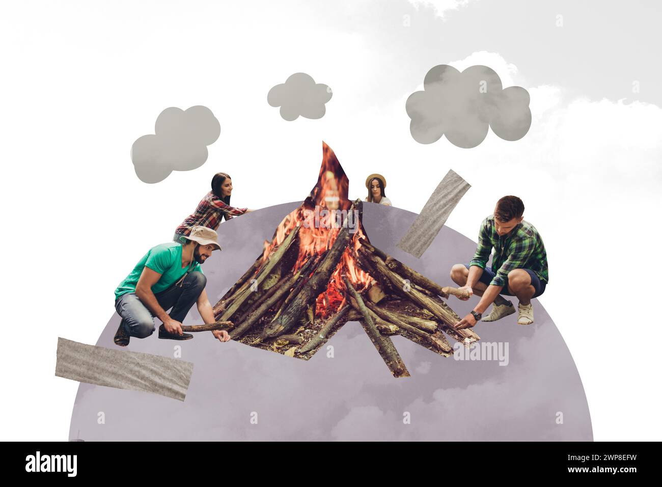 Creative retro 3d magazine collage image of buddies company making fire ...