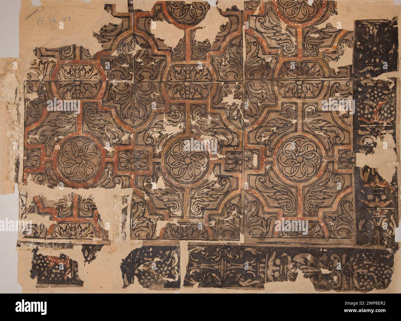 Kośnna, a fragment of paper wallpaper with a church in white; 1550-1650 ...