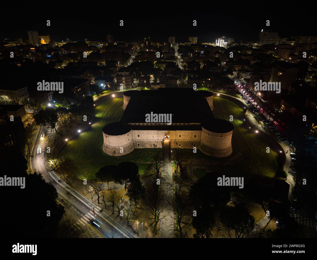 The night aerial view of the historic fortress of Rocca Costanza in ...