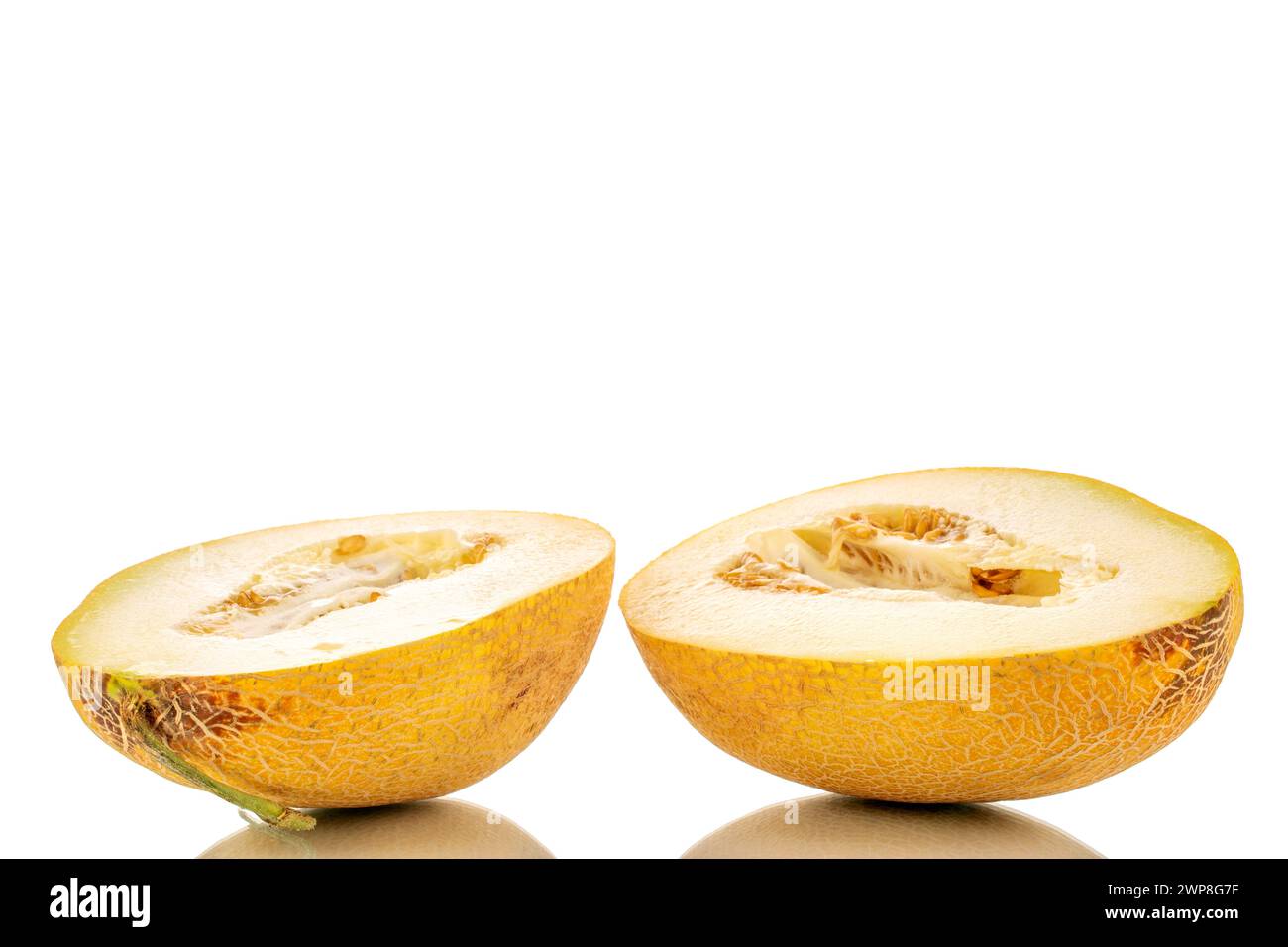 Two halves of sweet melon, macro, isolated on white background Stock ...