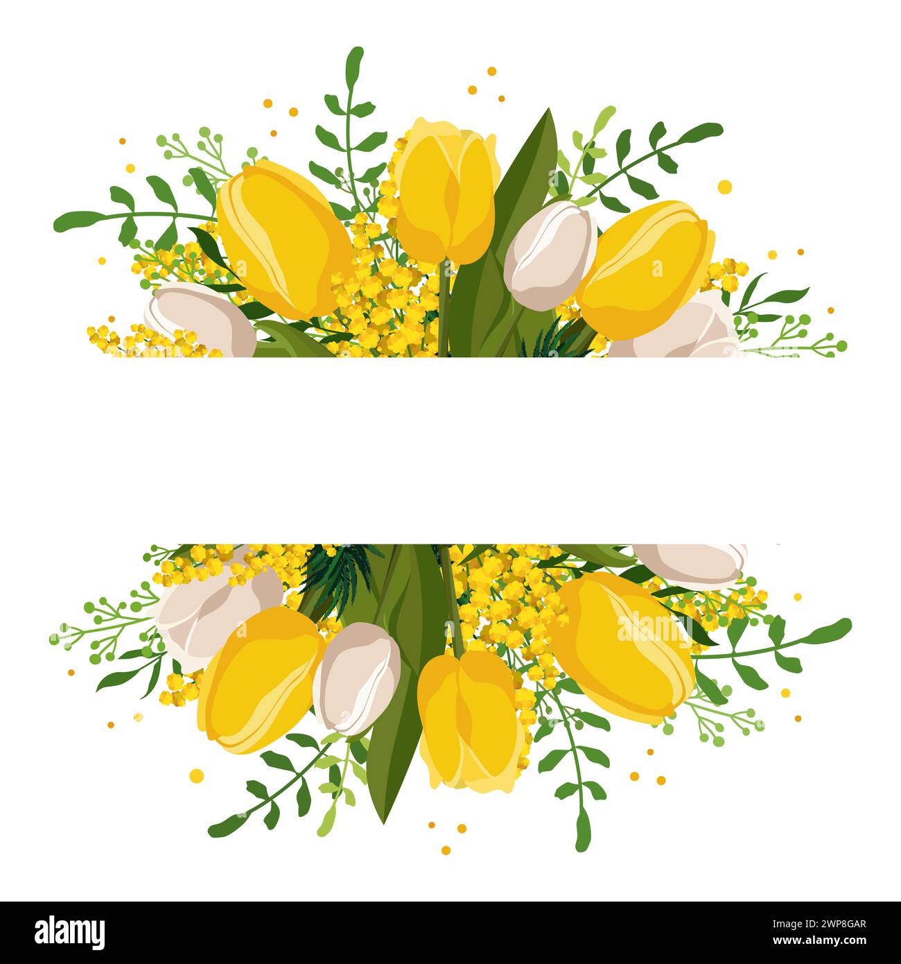 Spring rectangular frame with yellow white tulips and mimosa for words ...