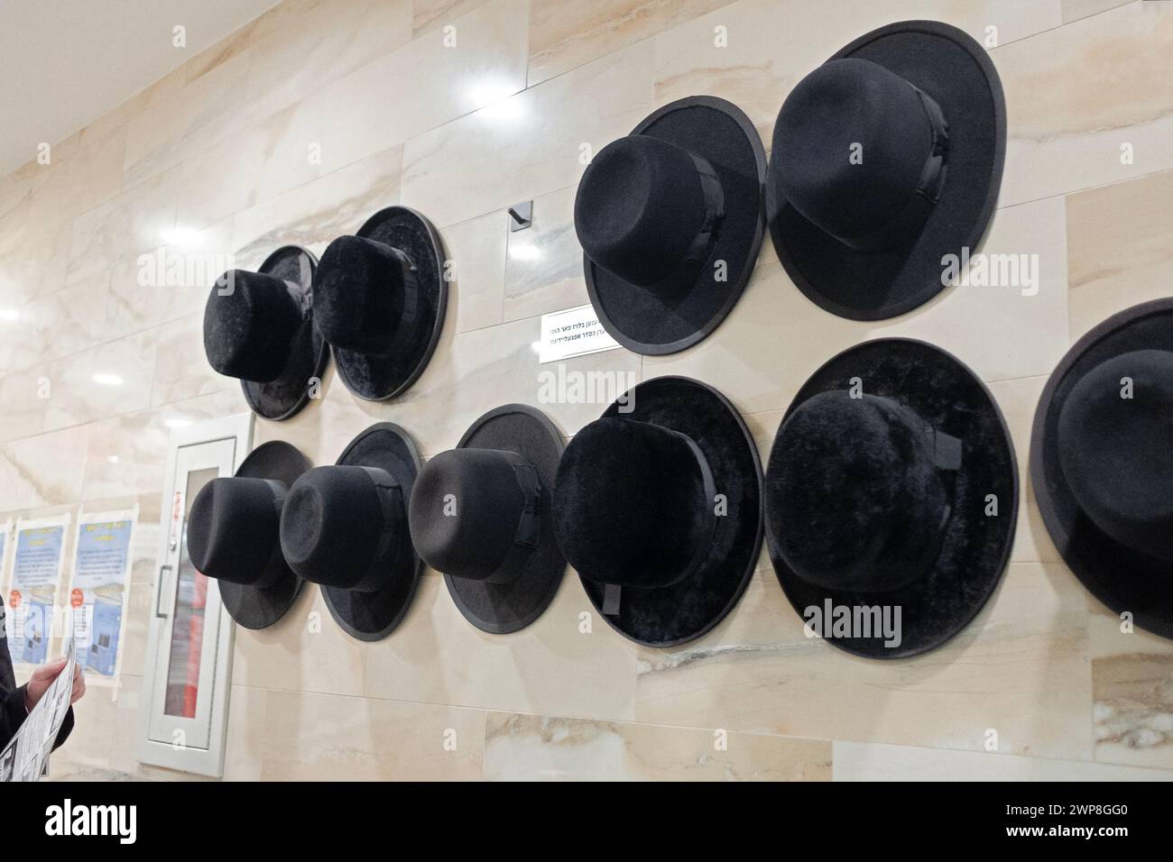 Black hats worn by ultra orthodox Jews. In a synagogue in Brooklyn, New ...