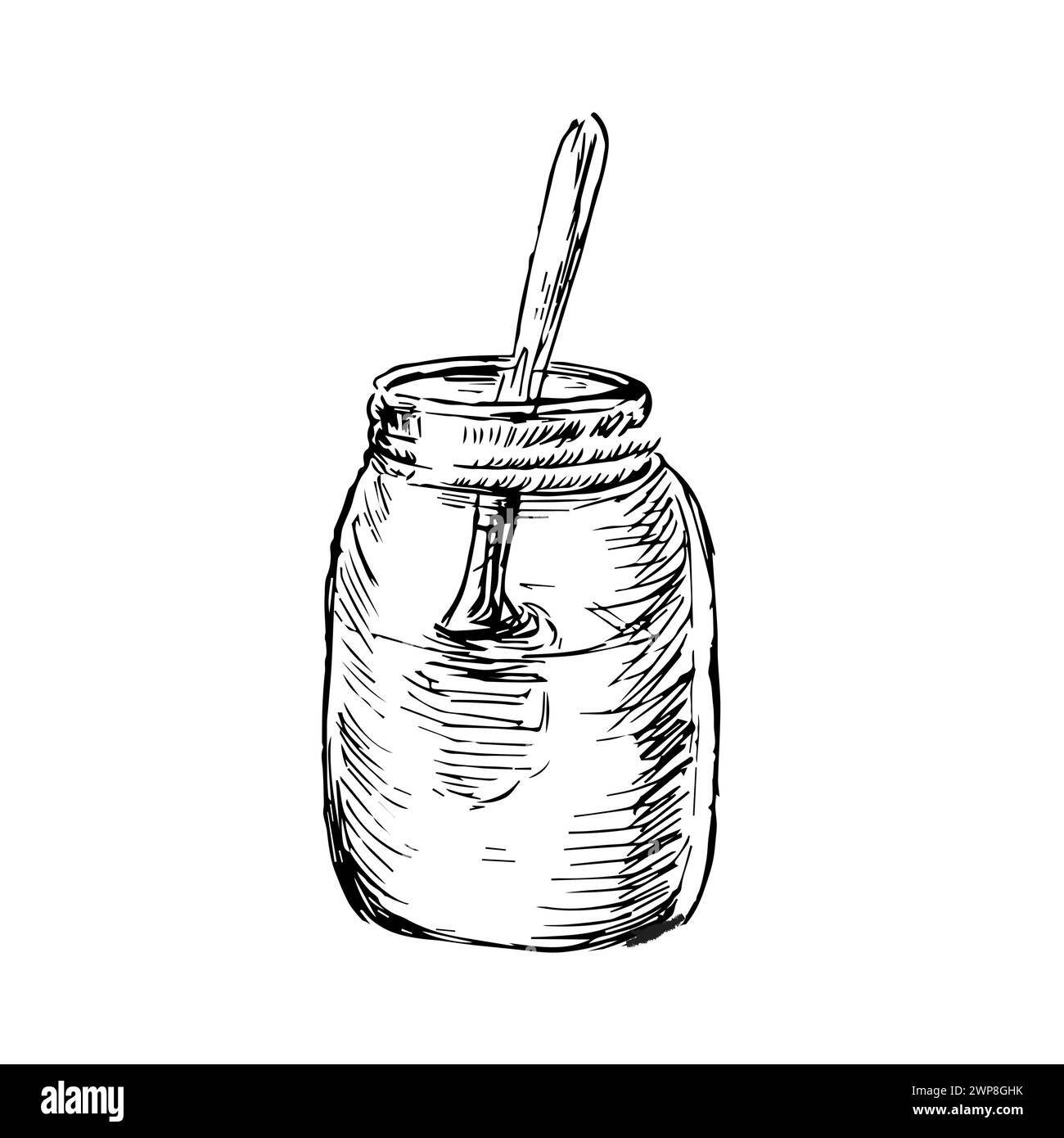Hand drawn sketch of Hand drawn sketch of honey jar with spoon. Vector ...