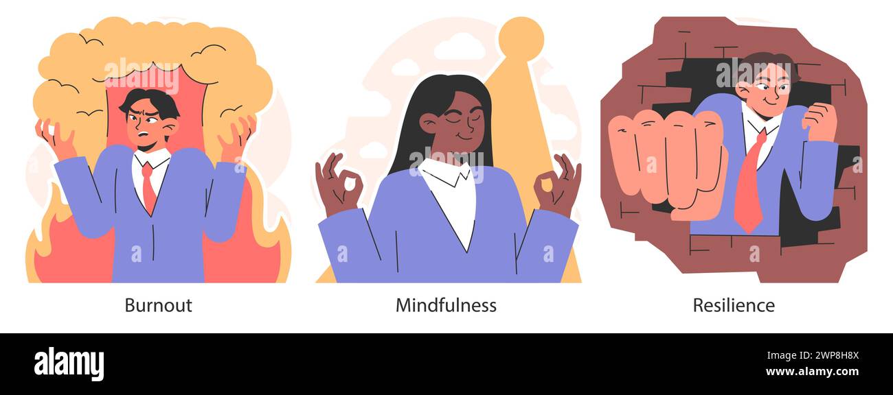 Stress management set. Diverse office characters work burnout. Employee ...